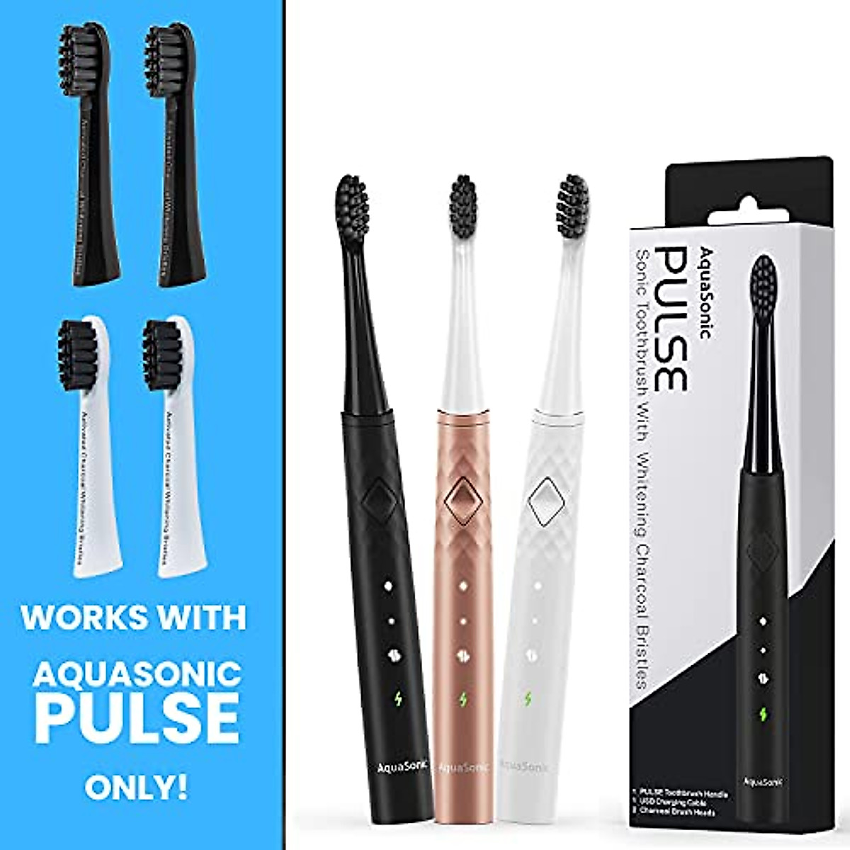 AquaSonic Pulse Activated Charcoal Replacement Brush Heads - Ultra Whitening Brush Heads - 2X Whitening & Stain Remover - Compatible only with AquaSonic Pulse- 2 Pack (White)