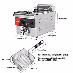 CROSSON 6L Electric Countertop Deep Fryer Extra Large with Drain,Timer,Basket and Lid for Restaurant Use 120V,1800W Commercial Deep Fryers