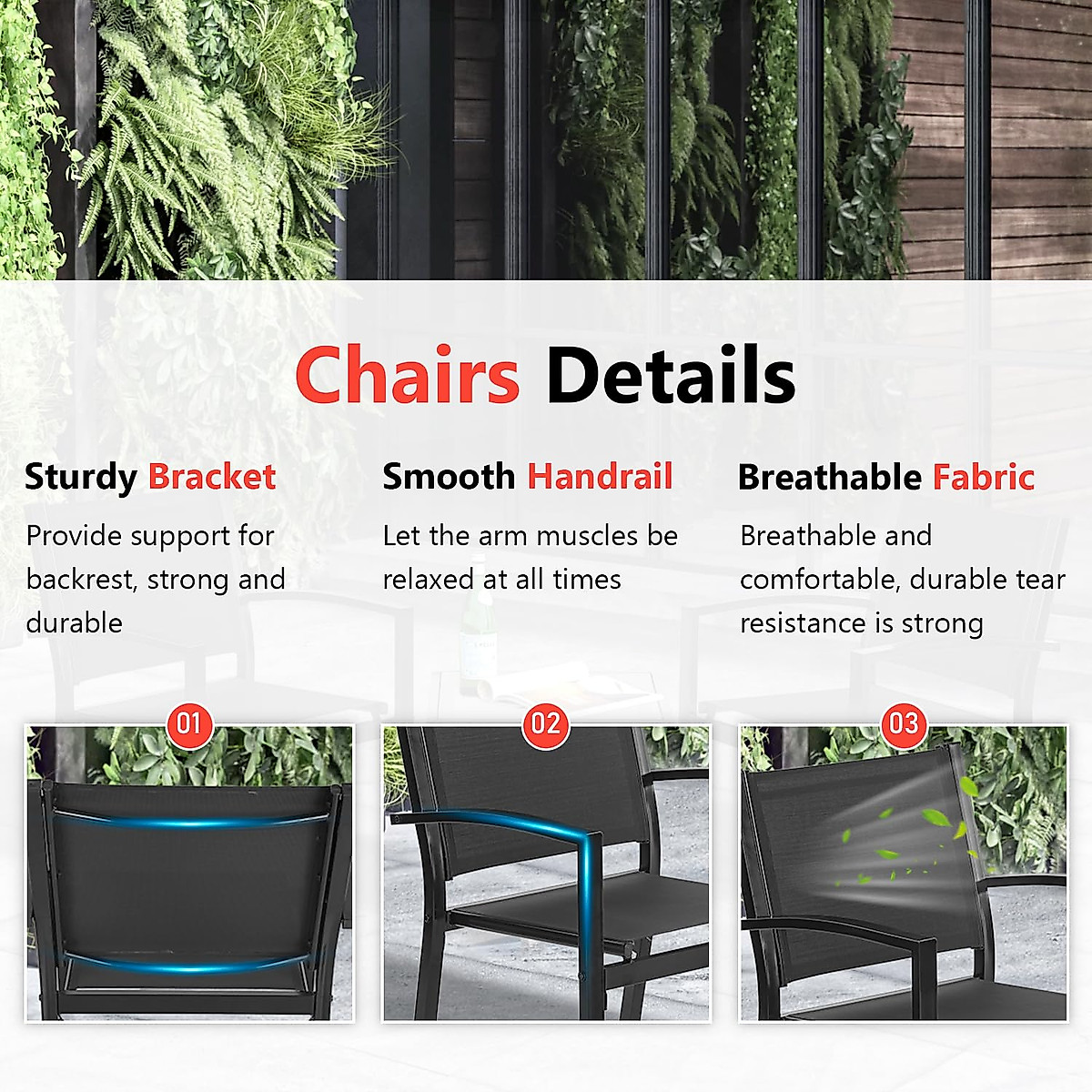 FDW 3 Pieces Patio Furniture Set, Outdoor Garden Patio Conversation Sets with Glass Top Table & 2 Lawn Chairs Outdoor Bistro Set, for Backyard Lawn Porch Garden Poolside Balcony