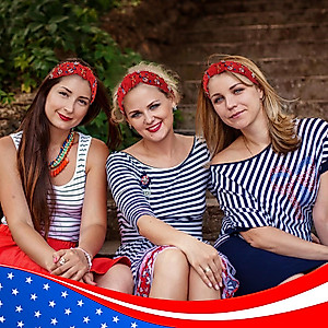Gushu 4th of July Headband for Women, Fourth of July Red Knotted Patriotic Headband, Wide Top Knot Hair Band with Rhinestones, Beads and American Flag Charms, Memorial Independence Day Party Favors