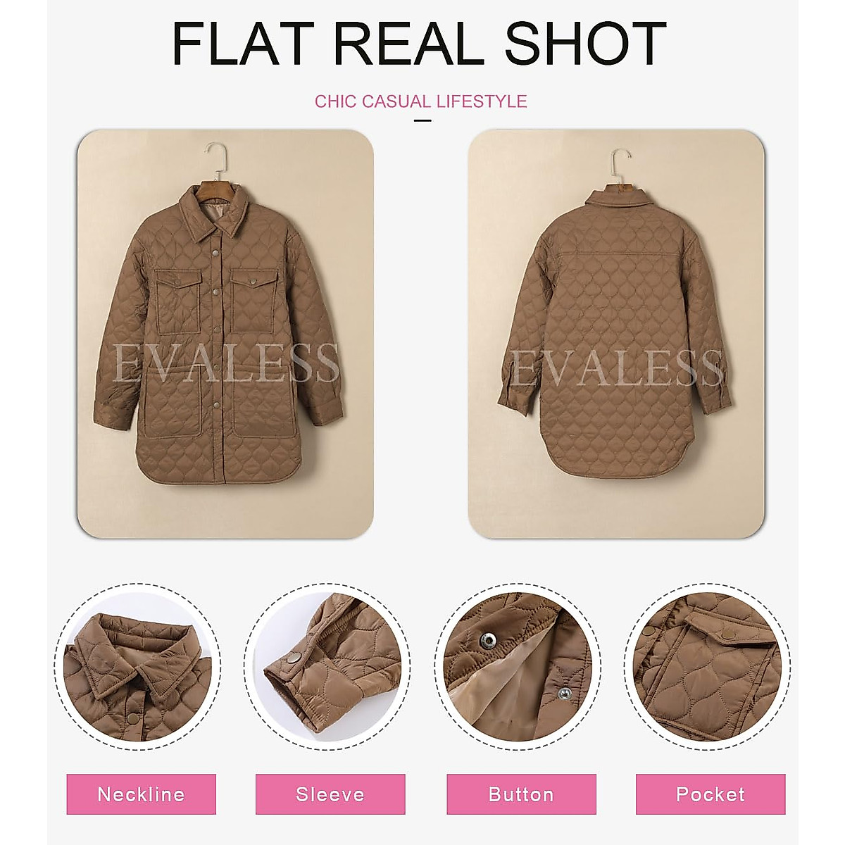 EVALESS Diamond Quilted Jackets for Women Lightweight Collar Long Sleeve Button Down Puffer Jacket Fall 2024 Coat Outerwear with Pockets Brown Medium