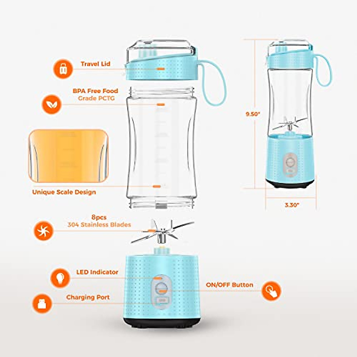 Aoozi Portable Blenders, Personal Size Blender Smoothies and Shakes,Mini Blender USB Rechargeable, Handheld Blender Sports,Travel and Home (SkyBlue)