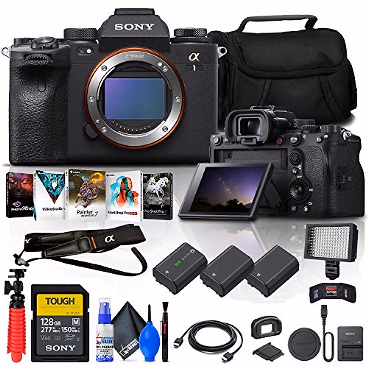 Sony Alpha 1 Mirrorless Digital Camera (Body Only) (ILCE-1/B) + 128GB Tough Memory Card + Corel Photo Software + 2 x NP-FZ100 Battery + LED Light + Case + HDMI Cable + More (Renewed)