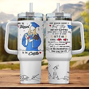 99OWL Graduation Girl Adventure, Tumbler 40 Oz With Handle Lid And Straw, Graduation Gifts, White Light Class Of Purple Handle Gold Tumblers Royal Navy Rose Blue Heart