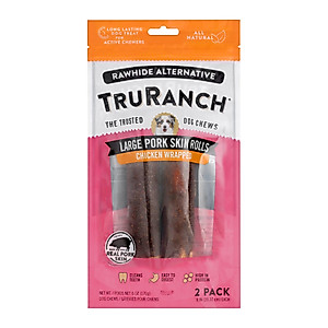 TRURANCH Large Pork Skin Rolls, Chicken-Wrapped Jerky, Made with Real Pork Skin, Rawhide Alternative, Healthy Dog Chews, 1 Bag, 2 Count