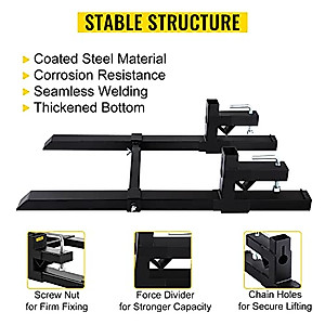 Mophorn Tractor Bucket Forks 43" 2000 Lbs Max, Clamp On Pallet Forks with Adjustable Stabilizer Bar, Heavy Duty Front Loader Forks 60" Total Length, Fork Attachment for Skid Steer,Loader Bucket