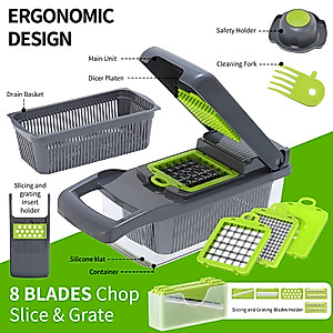 Premium Vegetable Chopper, 7 Blade Veggie Chopper, Cutter, Dicer, 12-in-1 Onion Chopper, Mandolin Slicer, Multifunctional Food Chopper with Container