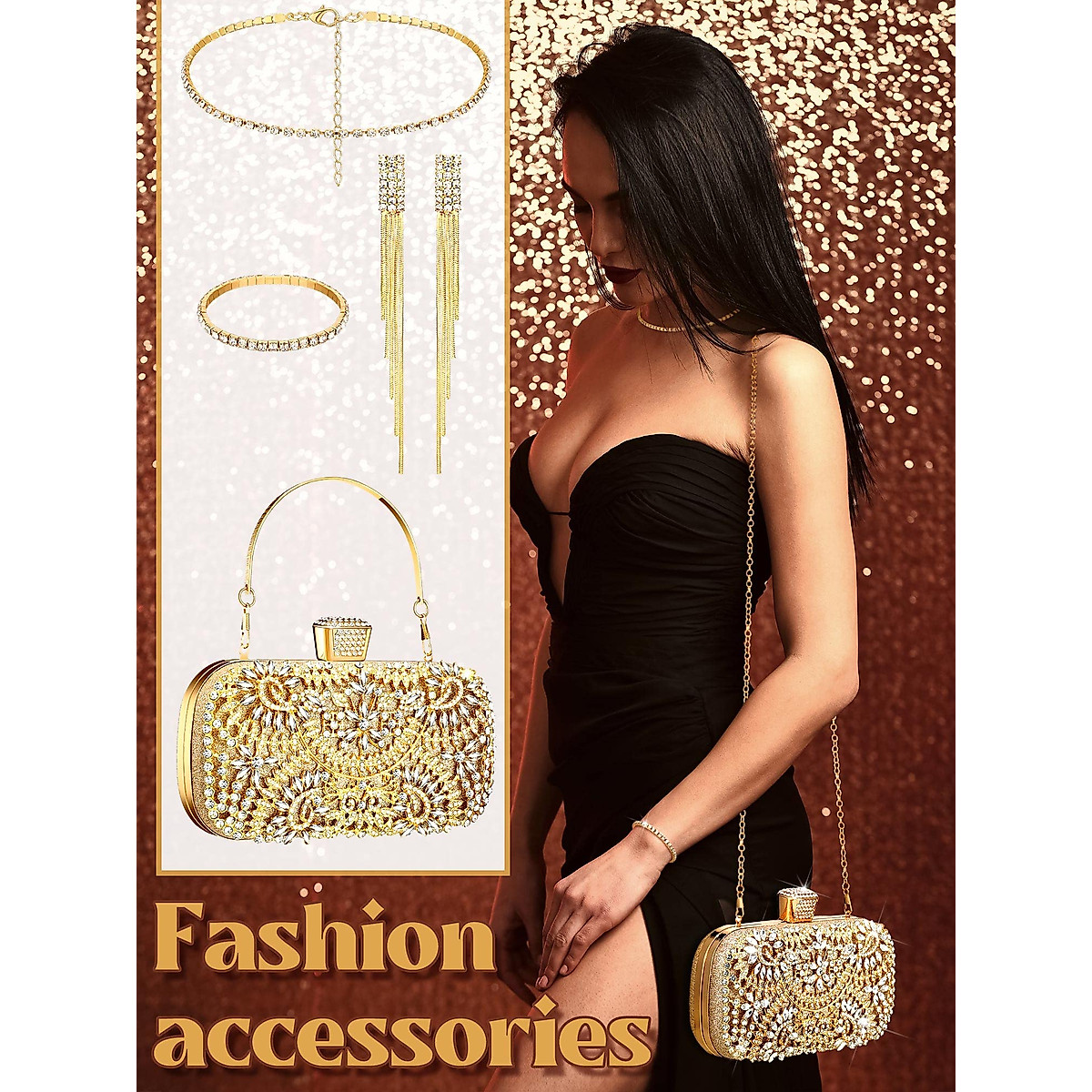 4 Pcs Clutch Purses Jewelry Set for Women Evening Rhinestone Jewelry Set Bling Glitter Diamond Evening Bag Necklace Choker Bracelets Earrings Set for Wedding Bridal Party Prom (Gold)