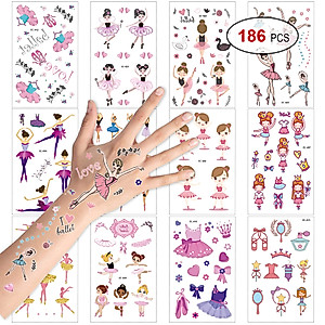Konsait 186pcs Kids Tattoo Kits, Fake Waterproof Temporary Tattoos Ballet Girls Tattoos for Children's Birthday Party Bags Filler Gift Birthday Party Favors,Dancing Girl Tiara Rose Star LOVE