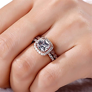 Jeulia 2.65 Carat Sterling Silver Ring Set Halo Cushion Cut Engagement Anniversary Wedding Band Ring Set with Jewelry Gift Box for Women (Rose Gold, 9)