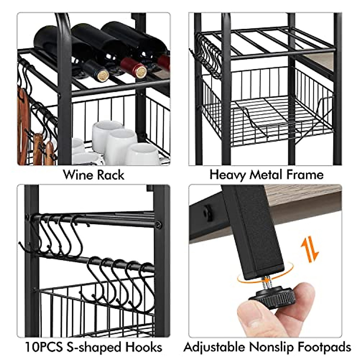 Yaheetech Bakers Rack with Power Outlet, 4-Tier Microwave Stand Cart Coffee Bar with Wire Basket and Wine Storage, Freestanding Kitchen Organizer Rack with 10 Hooks, Gray