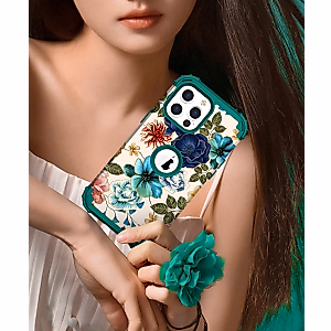 Hocase for iPhone 13 Pro Max Case, Heavy Duty Shockproof Protection Soft Silicone Rubber Bumper+Hard Plastic Hybrid Protective Case for iPhone 13 Pro Max (6.7") 2021 - Teal Flowers