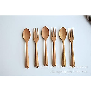 HIKOAN Triangular Handle Wooden Spoon Fork Set Dessert Wooden Spoon Wooden Fork Student Portable Spoon Fork Beechwoodspoon