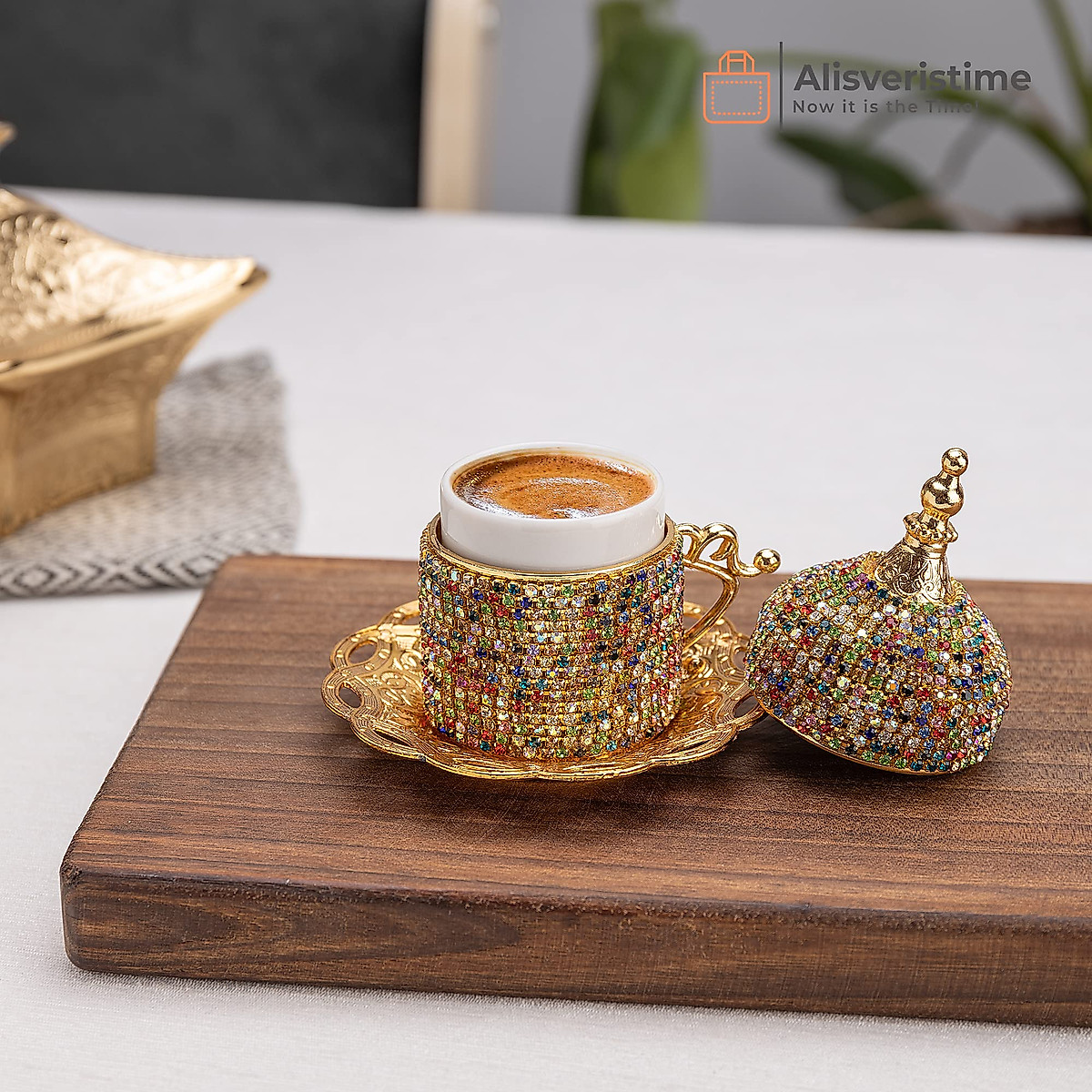Alisveristime Crystal Embellished Turkish Coffee Set – 27 Pieces – Decorative Zamac Espresso Cups, Saucers and Sugar Bowl with Tray – Available in Three Color Variations (Multi)