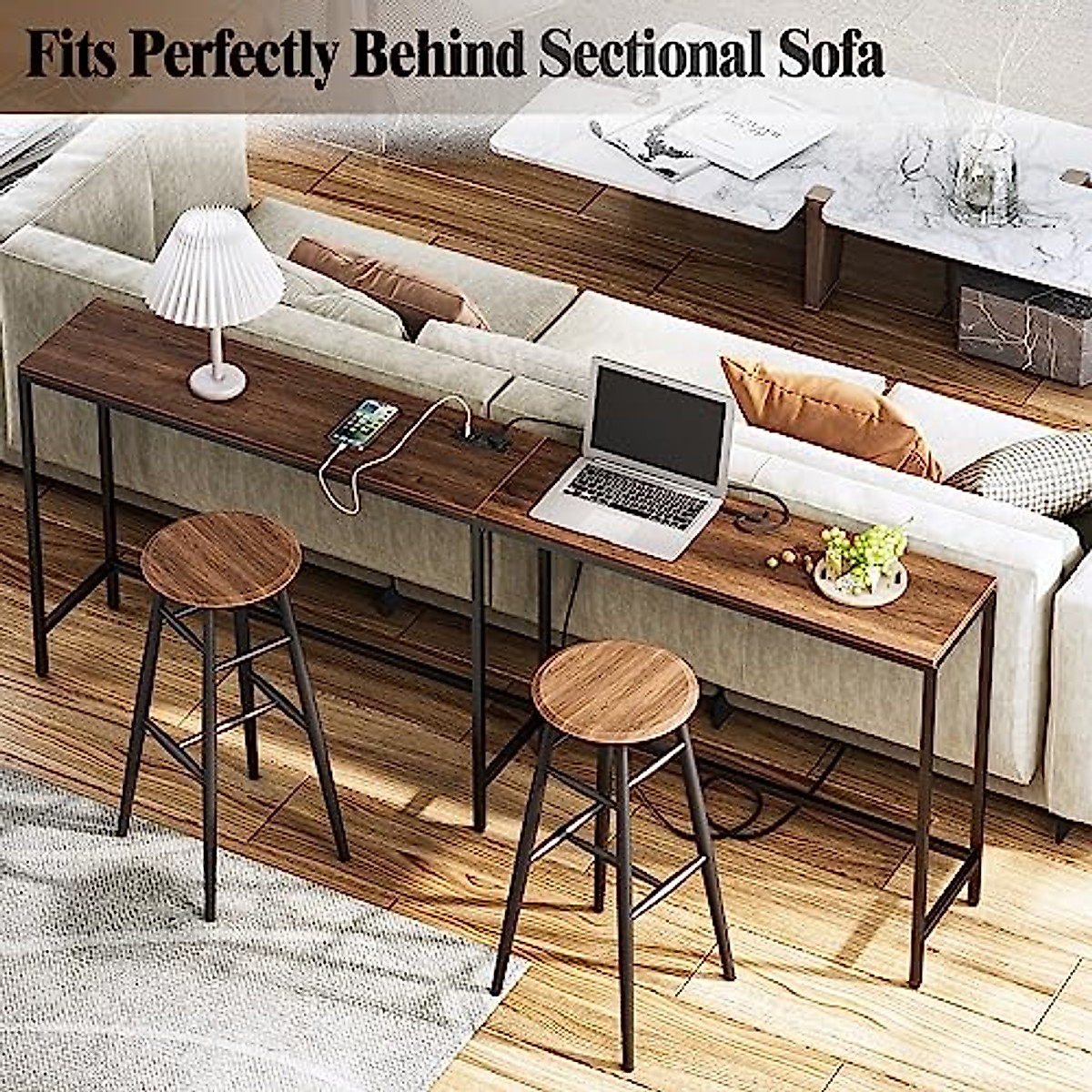 Rufokisa Console Table with Power Outlet, 70.9" Narrow Sofa Table, Skinny Sofa Hallway Table, Industrial Entryway Table with USB Ports, Behind Couch Table for Foyer, Living Room, Hallway, Bedroom