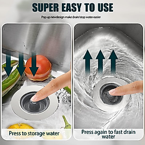 Upgraded 3 in 1 Kitchen Sink Drain Strainer - Stopper Set, Stainless Steel Kitchen Sink Stopper, Pop Up Anti-Clogging Sink Strainer Basket Filter for US Standard 3-1/2 Inch Kitchen Drain(1Pack)