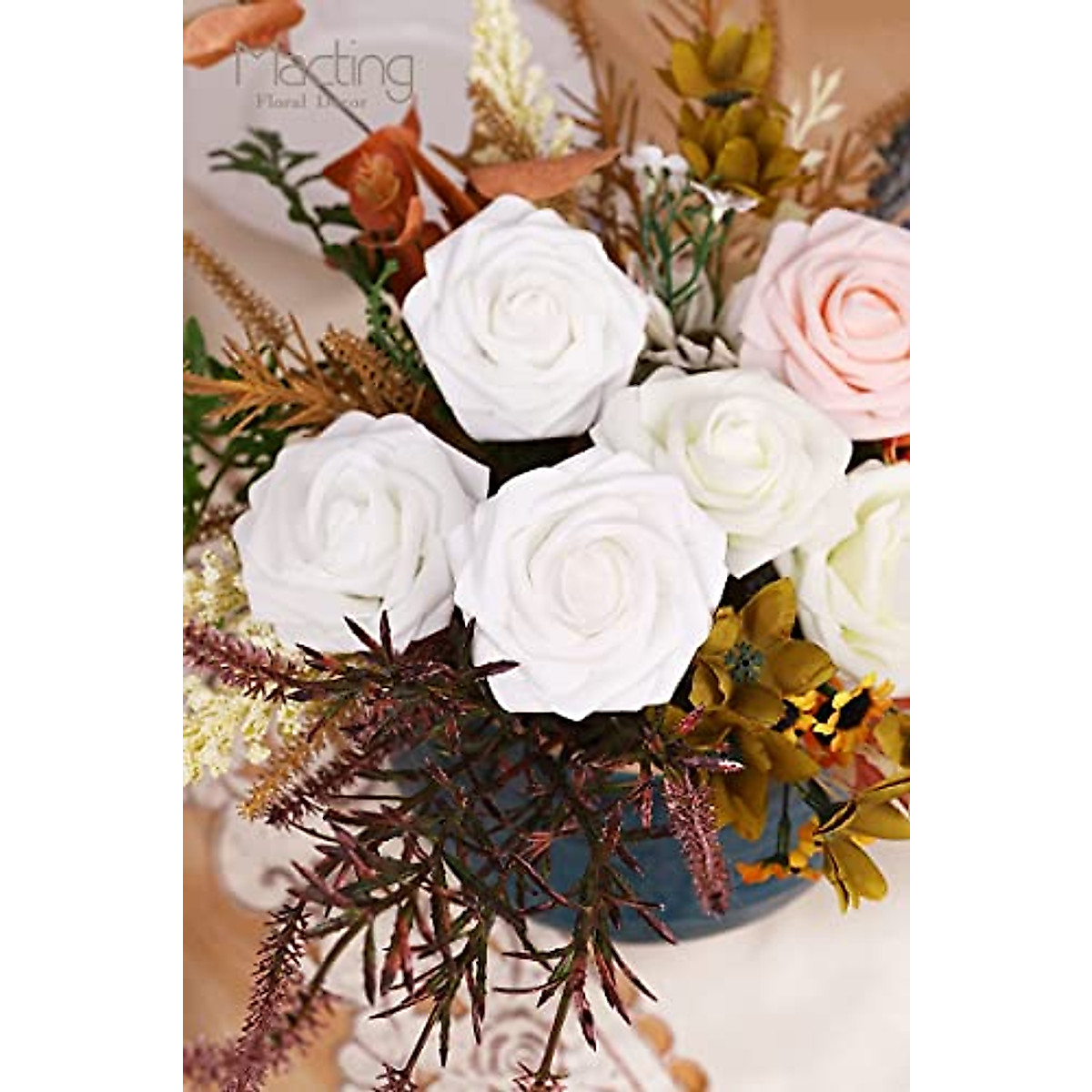 MACTING White Artificial Flowers 30pcs Real Touch Faux Flower Foam Fake Roses with Stems for DIY Wedding Bouquets Centerpieces Floral Arrangements Party Tables Home Decorations