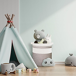 Large Laundry Hamper Basket, Clothes Hamper for Bedroom, Nursery, Living Room - Jute Woven Rope Basket with Handles, Collapsible laundry baskets for Toys, Pillows, Blankets-20x16in-63L Brown & White