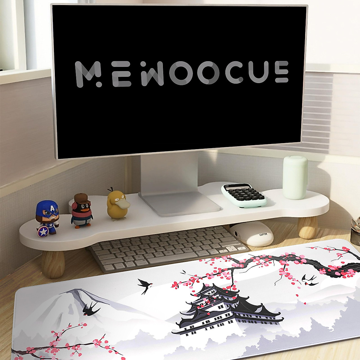 Japanese Cherry Blossom Gaming Mouse Pad 31.5x11.8in Pink Full Desk Japanese Sakura Gaming Mouse Pad Large Non-Slip Rubber Base Waterproof Big Keyboard Mat with Stitched Edges for Gaming Office