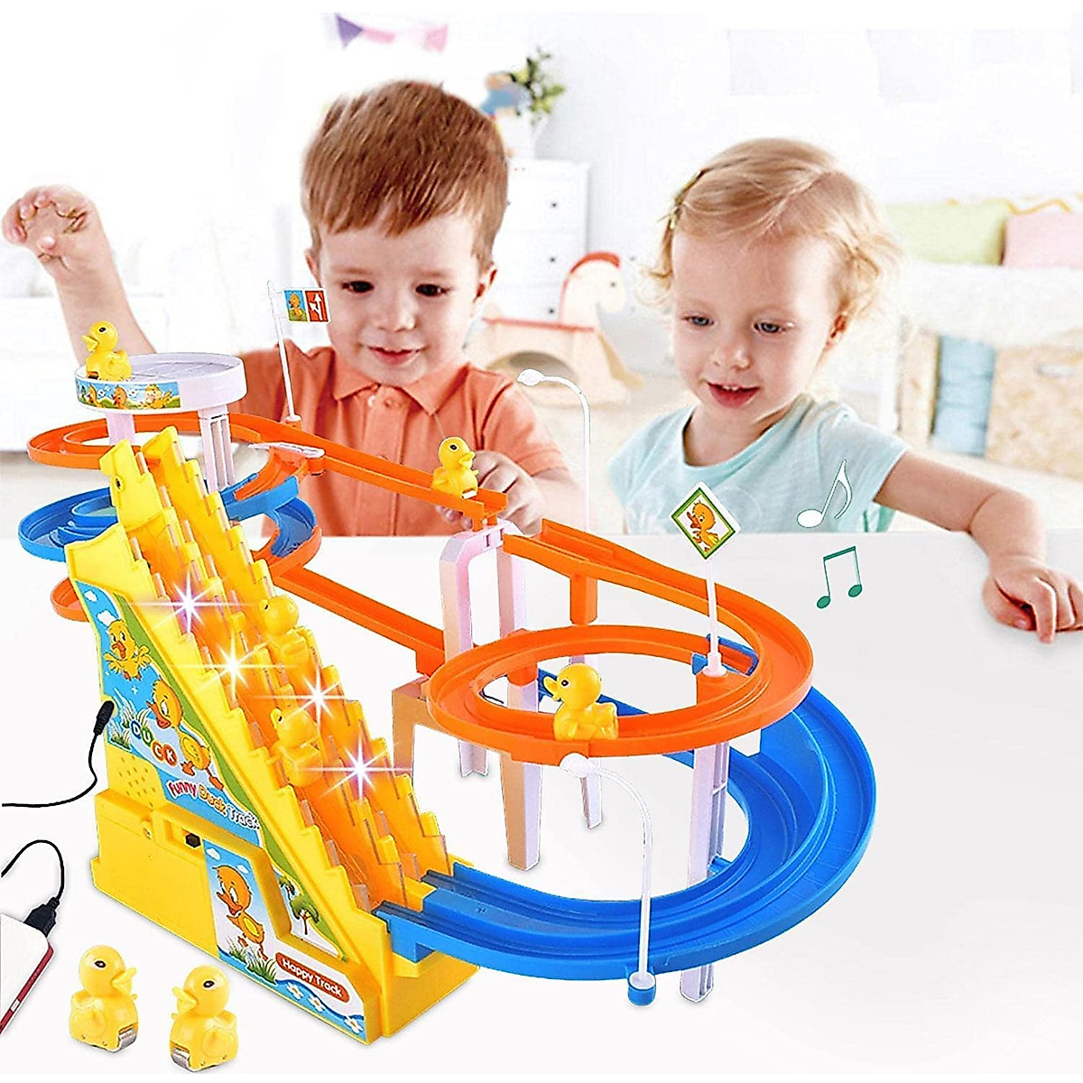 Small Ducks Climbing Toys, Electric Ducks Chasing Race Track Game Set, Playful Roller Coaster Toy with 8 Duck LED Flashing Lights & Music Button, Fun Duck Stair Climbing Toy for Toddlers and Kids (C)