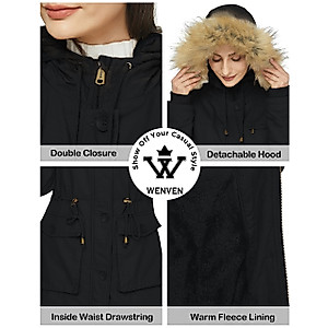WenVen Women's Winter Padded Coat Canvas Hooded Military Jacket (Black, 2XL)