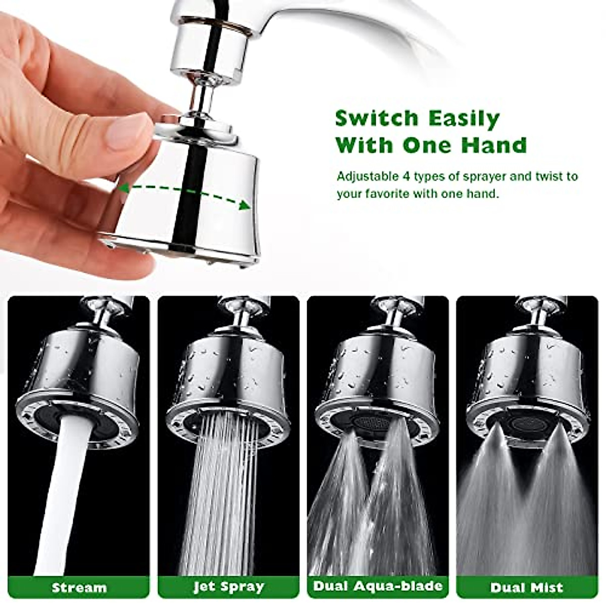 Houtingmaan Kitchen Sink Faucet Aerator with 2 Ball Joint, Big Angle Swivel Faucet Head Replacement with 4 Spray Models, 55/64-27UNS Famale Thread - Chrome