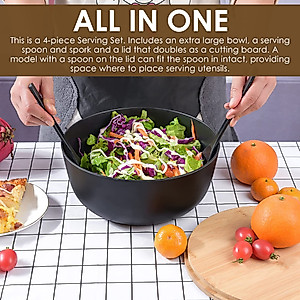 Bamboo Fiber Salad Bowl with Servers Set, 9.8 inches Large Solid Wooden Mixing Salad Bowls With Lid, Fiber Spoon and Fork for Serving for Pasta, Fruits, Vegetables(Black)