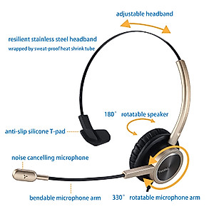 Yexatel USB Headset with Microphone for PC, Computer Headset for Work, Wired Gold Headset with Mic Mute Volume Control, Office Headset for Teams 3CX Skype Online Meeting Voice Recognition-Y809GUC