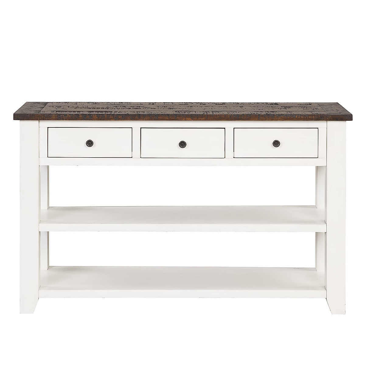 KLIECH Sofa 48''Solid Pine Wood Console, Modern SofaTable, Table with 3 Storage Drawers and 2 Shelves for Living Room Entryway Hallway Bedroom,Antique White+ Brown Top