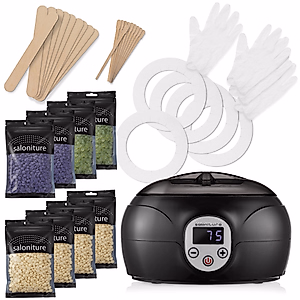 Saloniture Home Waxing Kit Wax Warmer Machine for Hair Removal with Digital Display - Black with Black Lid