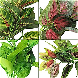 PINVNBY Reptile Terrarium Plants Hanging Artificial Lizards Habitat Climbing Decorations with Suction Cup Pets Tank Fake Green Plastic Ornament for Amphibians Bearded Dragons 6PCS