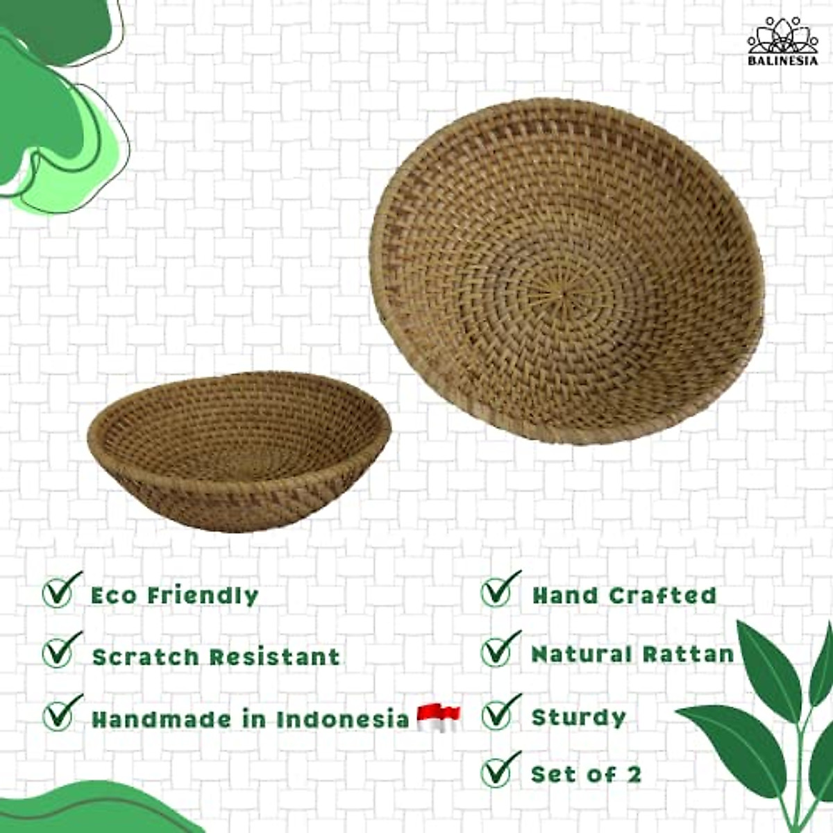 Balinesia Set of 2 Small Round Handmade Natural Rattan Baskets | Circle Countertop Handwoven Rattan for Storage and Display | Wicker Vanity Storage Tray Home Decor | Peanut Bowl