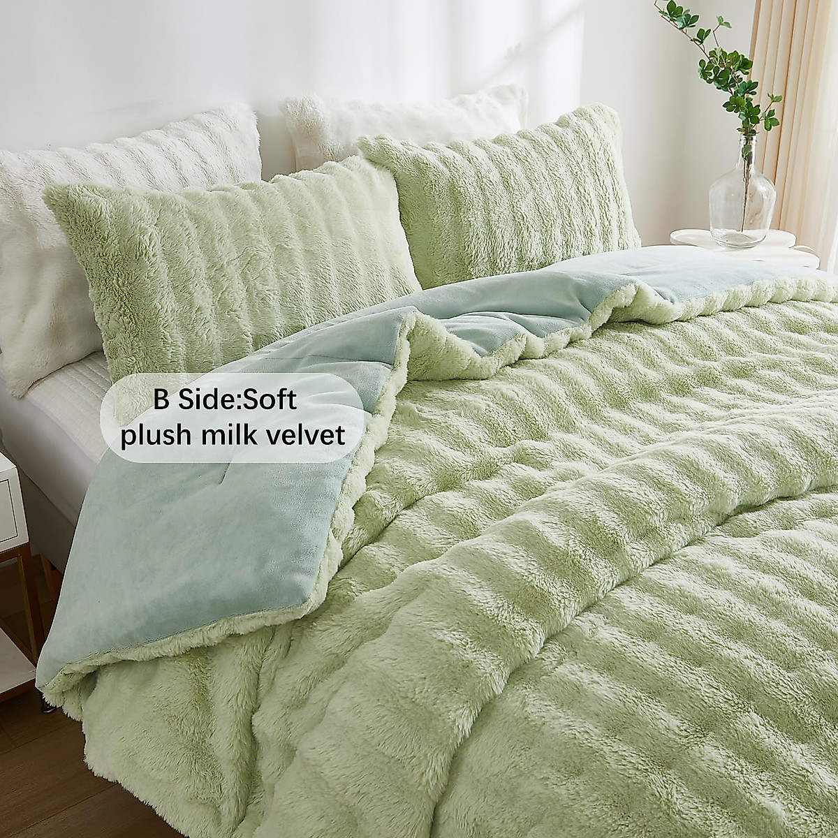 Bedbay Faux Fur Comforter Set King Size Sage Green Comforter Luxury Rabbit Fur Plush Fuzzy Furry Bedding Set 3 Pieces Soft Warm Shaggy Velvet Reversible Quilt Duvet Set for Boys Girls Kids
