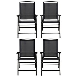 Four Seasons Courtyard Sunny Isles Outdoor Arm Chairs Foldable Outdoor Patio Seating Steel Frame Sling Fabric Furniture Set, 4 Pack, Black