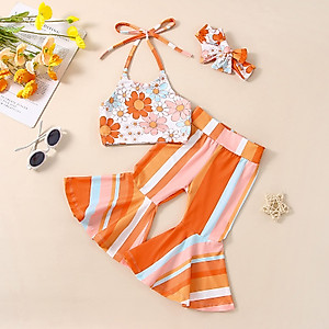 Ursobutegl Toddler Baby Girl Boho Outfits Floral Sleeveless Halter Crop Top Bell Bottom Pants Summer Clothes Set (Colorful, 12-18 Months)