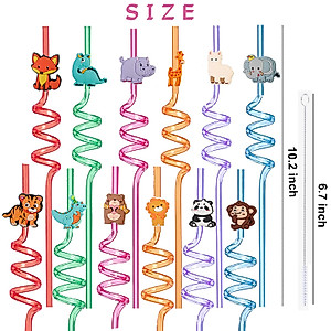 24 Reusable Jungle Animal Plastic Straws for Elephant Fox Dinosaur Giraffe Safari Birthday Party Supplies Favors,Woodland Party Gift Favor Twisted Straws with 4 Cleaning Brushes