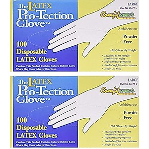 Comfitwear Disposable Latex Gloves, Powder Free Size Large, 200 Gloves (2 Boxes of 100 Gloves)