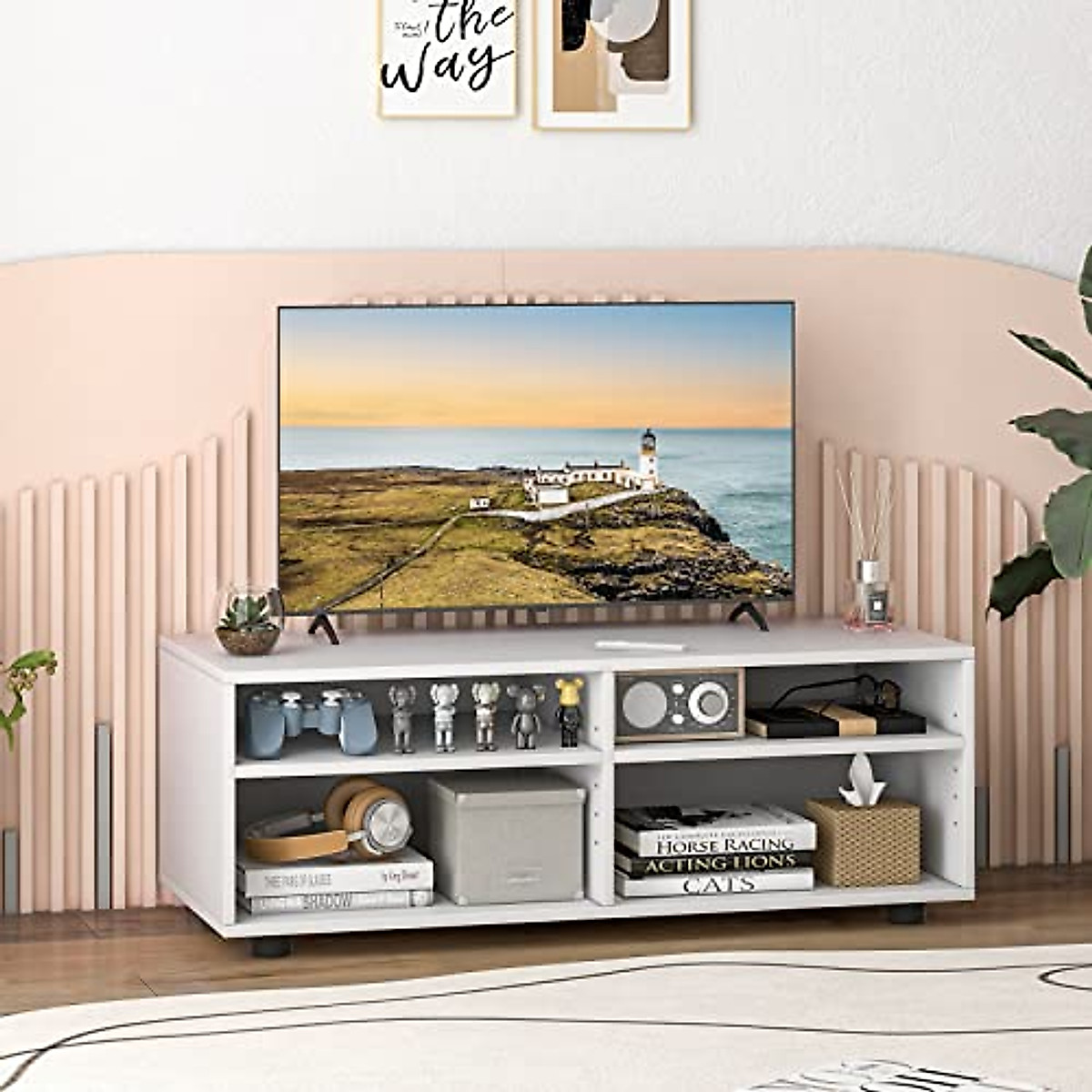 Tangkula White TV Stand for TV up to 40 Inch, Media Console Table with 4 Cubbies, 5 Positions Adjustable Shelves, TV Entertainment Center Wooden Storage Cabinet for Living Room (35.5", TVs up to 40")