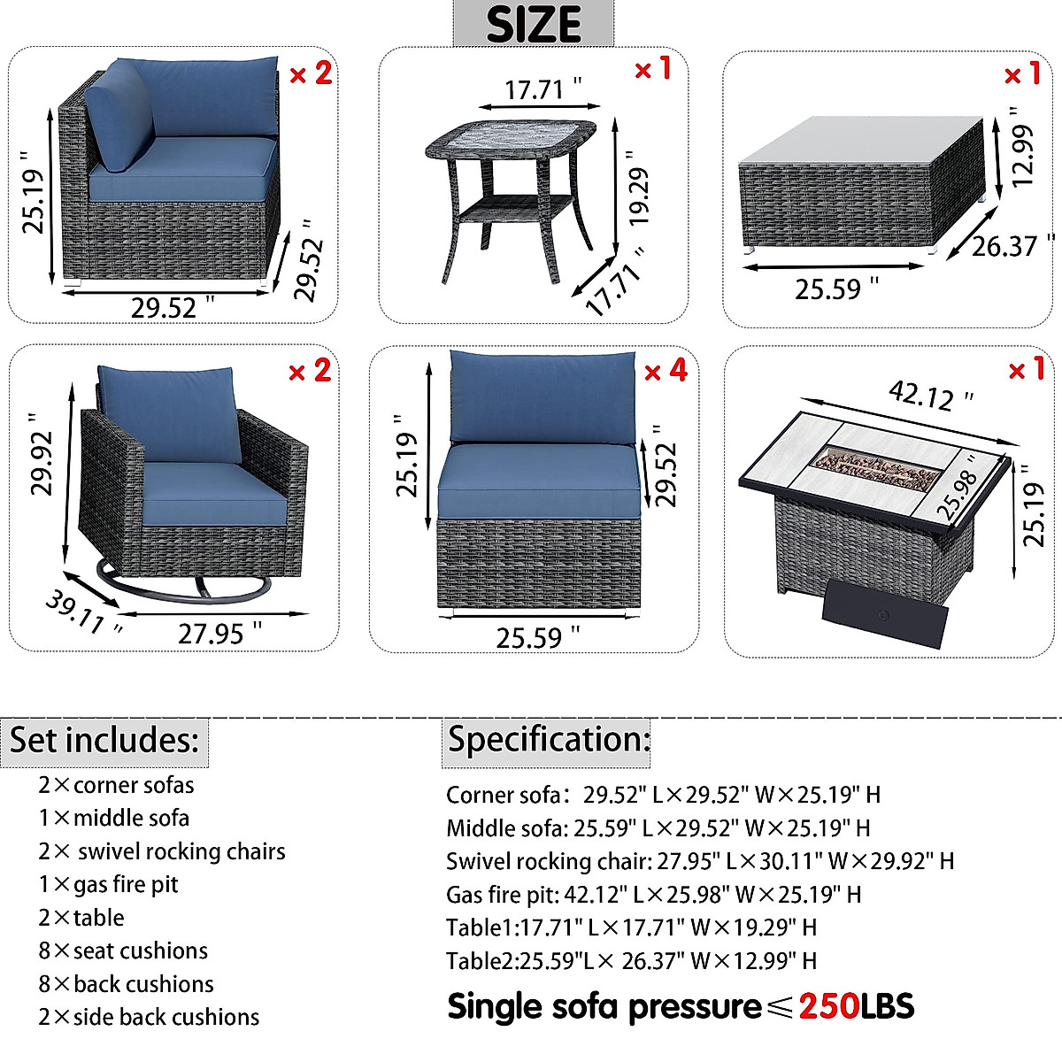 XIZZI Patio Furniture Outdoor Sectional Sofa Swivel Rocking Chairs 11 Piece All Weather PE Rattan Wicker Conversation Sets with Fire Pit Table for Backyard Deck Garden,Denim Blue