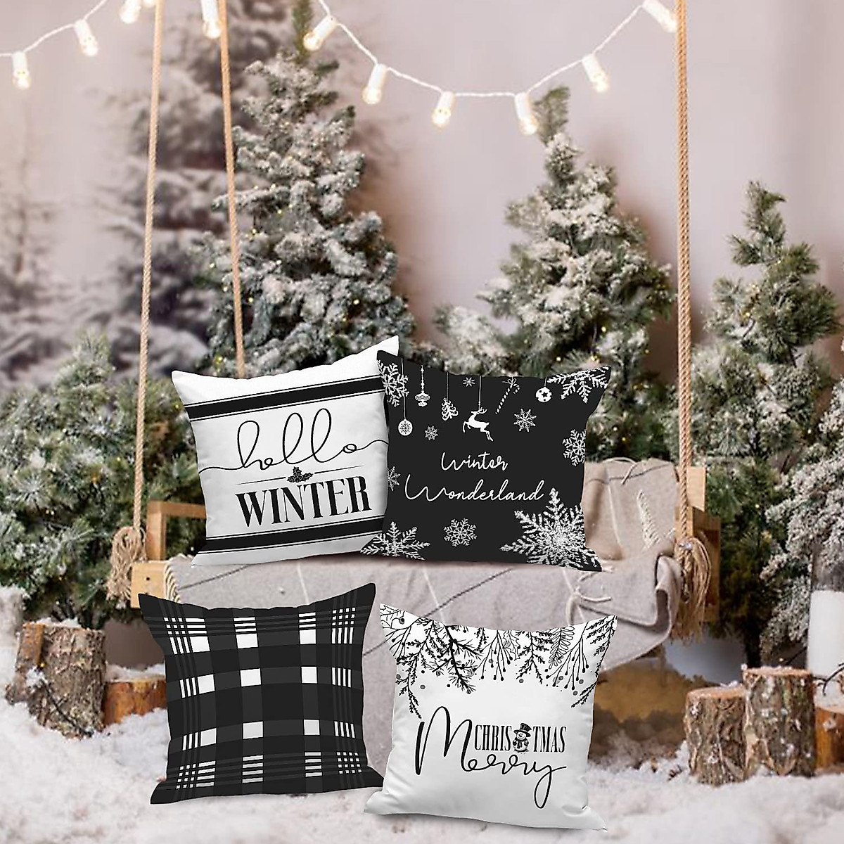 Lanpn Hello Winter Merry Christmas Throw Pillow Covers 20x20 Set of 4, Decorative Black and White 20 inch Xmas Holiday Cushion Pillow Cases Home Outside Porch Decor Decorations