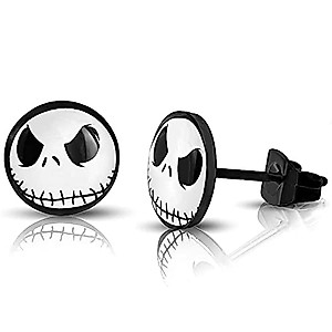 2 Pairs Set Halloween Stud Stainless Steel Jack Skellington Cut-Out Round Circle Button Stud Piercing Jewelry with Jack Skellington Face Post Earrings Add Horror Halloween Atmosphere for Men Unisex(A)