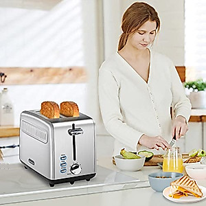 SEEDEEM Toaster 2 Slice, Stainless Steel Bread Toaster, 7 Shade Settings, 1.5'' Extra Wide Slots Toaster with Bagel, Defrost, Reheat Function, Automatic Power-off, Removable Crumb Tray, 900W, Silver Metallic
