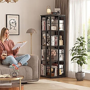 Aheaplus Rotating Bookshelf, Corner Bookshelf, 360 Display Wood Spinning Bookshelf, Floor Standing Bookcase Narrow Shelf Revolving Organizer Storage Rack for Small Space, Bedroom, Study Room, Grey Oak