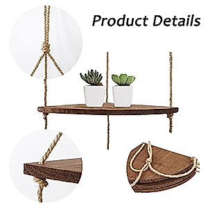 Sand Mine 3 Tier Wood Hanging Corner Shelf, Floating Wall Swing Storage Shelves, Wall Shelf Plant Shelf Rope Shelf Storage Shelf Swing Shelf Floating Shelves Handmade Shelves, Dark Brown