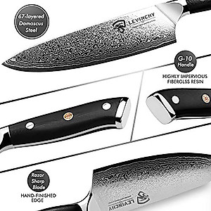 LEVINCHY 8 inch Damascus Chef Knife with Black Premium G10 Handle, Professional Damascus Stainless Steel Knife, Ergonomic, Superb Edge Retention, Stain & Corrosion Resistant