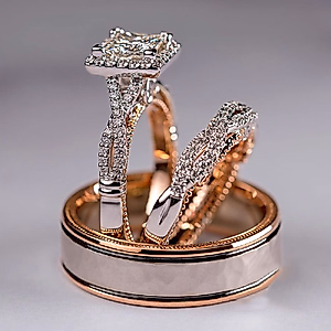 SCHZBSP 18K rose gold plated color separation sparkling diamond engagement wedding ring set princess cut cubic zirconia ring luxury women's three-piece ring (7)