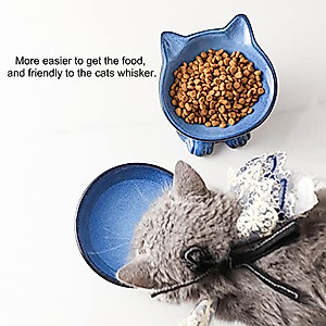 Nihow Elevated Cat/Dog Bowls Set : 5 Inch Ceramic Raised Cat Food and Water Bowl Set for Protecting Pet's Spine - Feeding & Watering Supplies for Pets- Elegant Blue & Black (2PC)