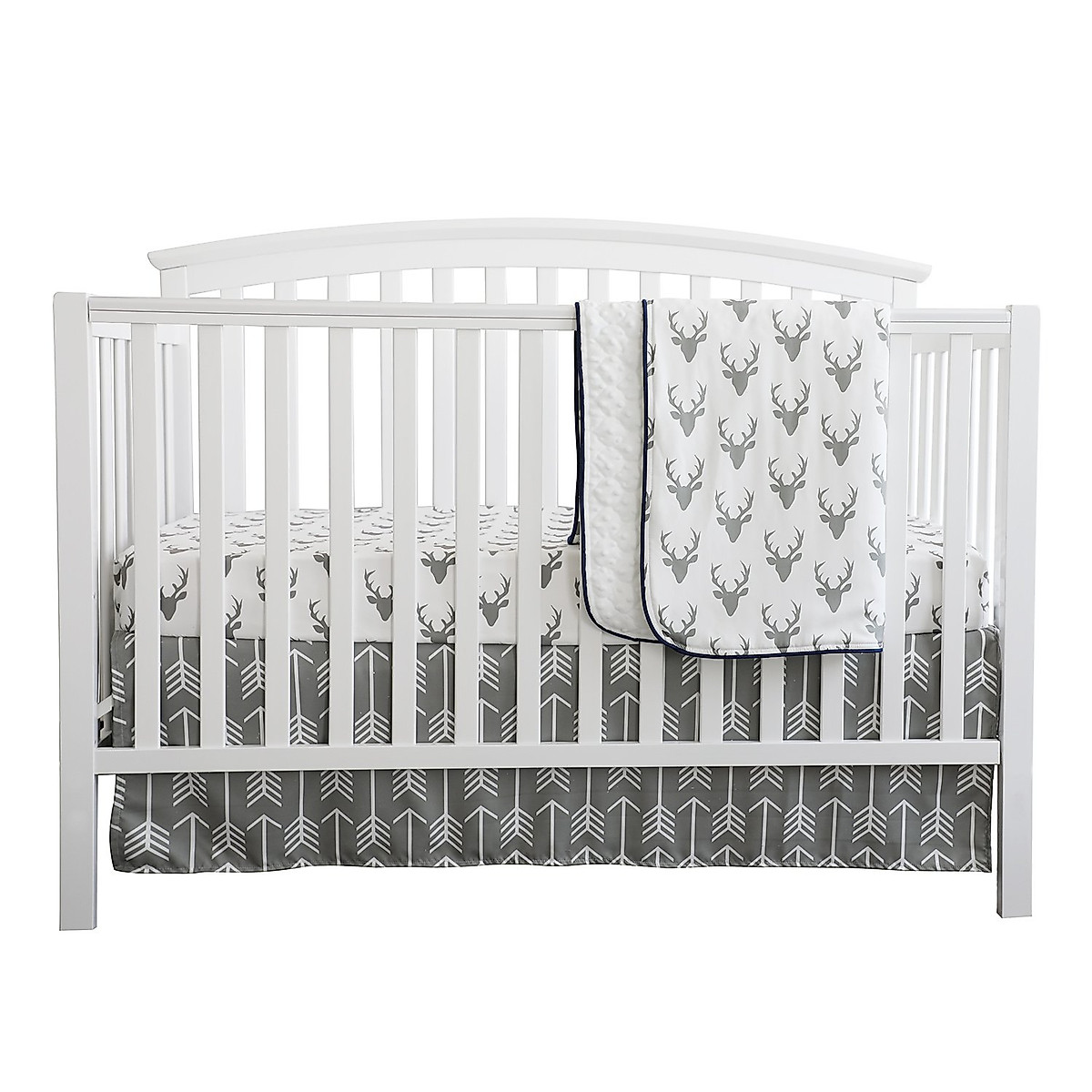 Baby Boy Crib Bedding White Grey Woodland Arrow Antlers Deer Head Minky Blanket Navy Crib Sheet Deer Buck Crib Rail Bedding Set (Grey Arrow Deer Head, 3 Pieces Set)