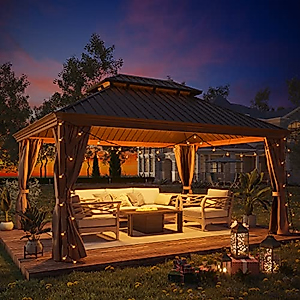 GAZEBEST 12'x16' Hardtop Gazebo Outdoor Aluminum Patio Gazebo Double Roof Galvanized Steel Gazebo Canopy Wooden Finish Coated with Netting and Curtains for Garden, Patio, Backyard, Deck and Lawns