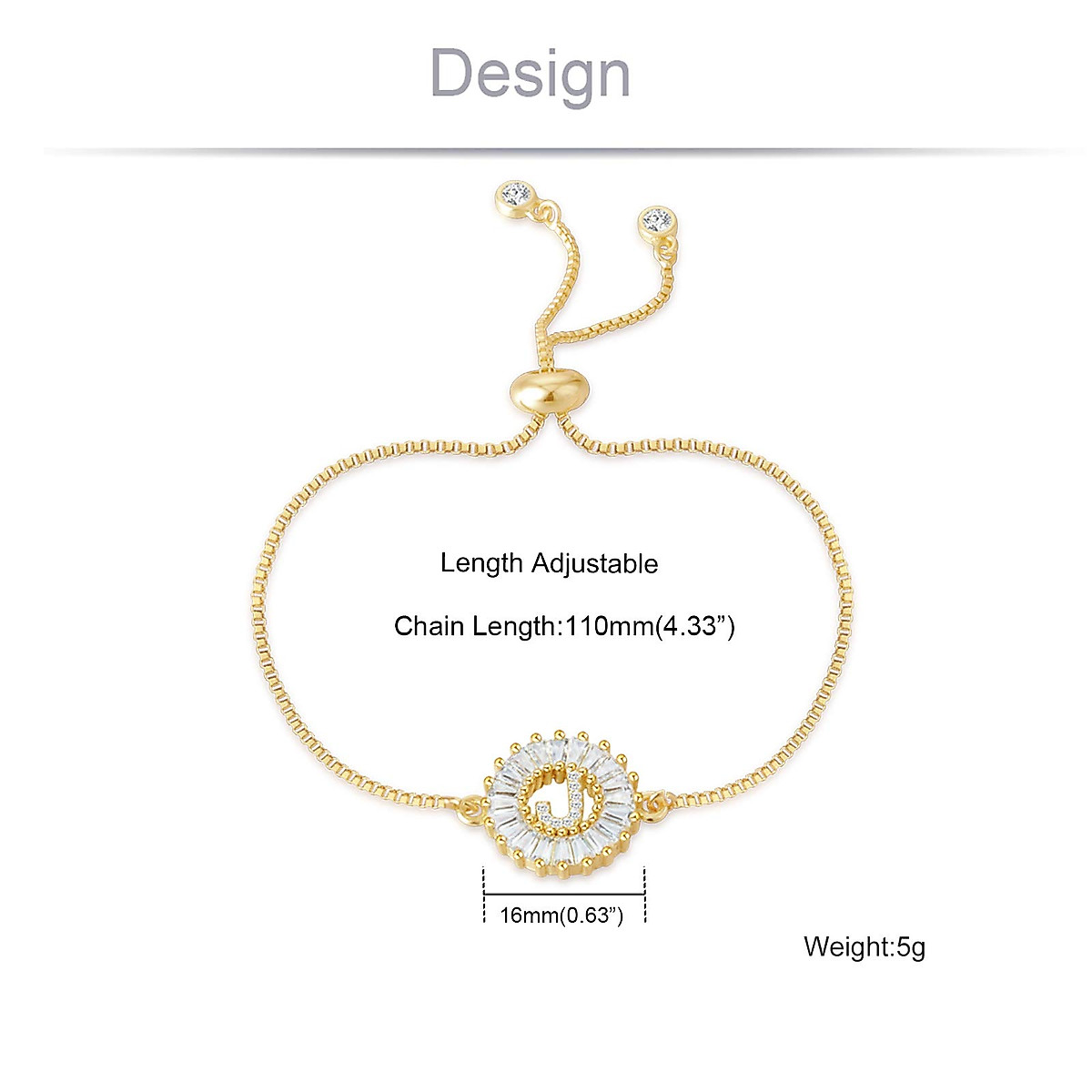 COTTVOTT Charms Initial Letter Bracelet Women A-Z Alphabet Adjustable Chain Bracelets 4 Colors (J, Gold Color)